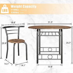 JUMMICO 3-Piece Wooden Round Table & Chair Set, Space Saving Kitchen Breakfast Nook Wood Grain Tabletop with Metal Frame and Built-in Wine Rack for Kitchen, Dining Room (Brown/Black)