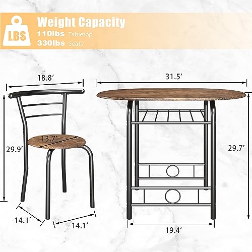 JUMMICO 3-Piece Wooden Round Table & Chair Set, Space Saving Kitchen Breakfast Nook Wood Grain Tabletop with Metal Frame and Built-in Wine Rack for Kitchen, Dining Room (Brown/Black)