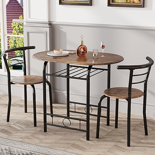 JUMMICO 3-Piece Wooden Round Table & Chair Set, Space Saving Kitchen Breakfast Nook Wood Grain Tabletop with Metal Frame and Built-in Wine Rack for Kitchen, Dining Room (Brown/Black)