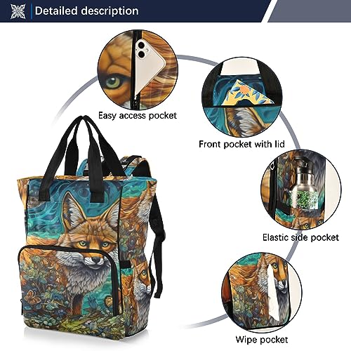 ZENWAWA Diaper Bag Backpack for Mom Dad-Painting Fox Floral Print with Insulated Feeding Bottle Inserts, Nappy Daypack for Outdoor Hiking Travel 11.02×5.91×15.3 INCH