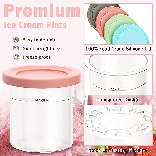 EVANEM 2/4/6PCS Creami Deluxe Pints, for Ninja Kitchen Creami,16 OZ Ice Cream Pints Cup Safe and Leak Proof Compatible NC301 NC300 NC299AMZ Series Ice Cream Maker,Pink+Green-4PCS