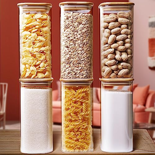 HomArtist Square Glass Jars with Bamboo Lids 34 FL OZ [Set of 6], Glass Canisters with Airtight Lid, Glass Food Storage Container for Pasta, Flour, Sugar, Rice, Best for Kitchen & Pantry