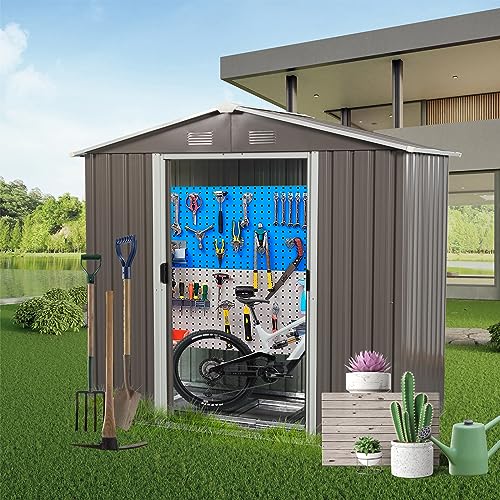 ZLLQUWR 8 x 4 FT Outdoor Storage Shed with Metal Floor Base Window Lockable Sliding Doors Storage Shed with Triangular Roof Air Vents Garden Tool Storage Sheds for Outdoor Patio Gray