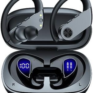 Wireless Earbuds 110H Playtime Ear Buds Bluetooth Headphones with 2200mAh Charging Case Dual Power Display Waterproof Over Ear Earphones with Earhooks for Sport Workout Laptop TV Computer Phone Black