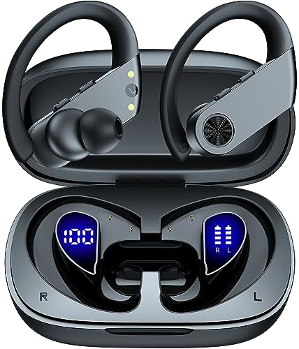 Wireless Earbuds 110H Playtime Ear Buds Bluetooth Headphones with 2200mAh Charging Case Dual Power Display Waterproof Over Ear Earphones with Earhooks for Sport Workout Laptop TV Computer Phone Black