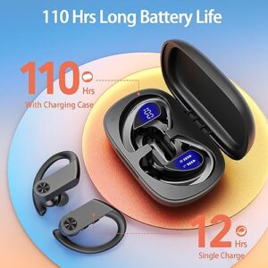 Wireless Earbuds 110H Playtime Ear Buds Bluetooth Headphones with 2200mAh Charging Case Dual Power Display Waterproof Over Ear Earphones with Earhooks for Sport Workout Laptop TV Computer Phone Black