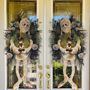 2023 new halloween mummy wreath for front door,halloween decor rose,spiders and lanterns sign,black and white front door wreath porch decor, wall halloween indoor outdoor decoration