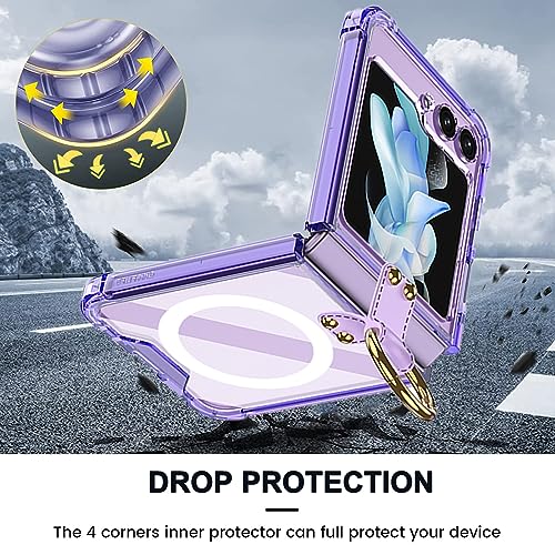 NINKI Compatible Clear Samsung Galaxy Z Flip 5 Case with Ring,Heavy Duty Anti-Fall Silicone Cute Cover Protective Phone Case for Samsung Z Flip 5 Case with Ring,Galaxy Z Flip 5 Case Slim Girls Purple