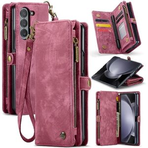 protective filp case wallet case compatible with samsung galaxy z fold 5,2 in 1 detachable premium leather magnetic zipper pouch wristlet flip phone case,matte soft leather+tpu bottom shell case w car