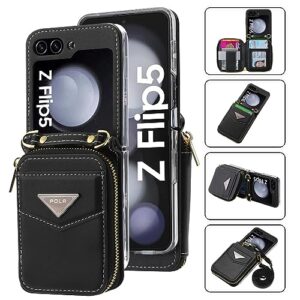 protective filp case Crossbody Wallet Case for Samsung Galaxy Z Flip 5, PU Leather Zipper Handbag Purse Flip Cover with Card Slots Holder Wrist Strap Lanyard Large Capacity Wallet Case nonmetallic cov