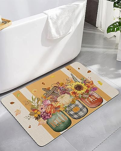 Bath Mat for Bathroom Non Slip Thanksgiving Fall Sunflowers Pumpkin Autumn Plants Diatomaceous Earth Bath Mats Highly Absorbent Door Mat Diatom Mud Washable Bathroom Mat for Tub Shower 18x30 Inch