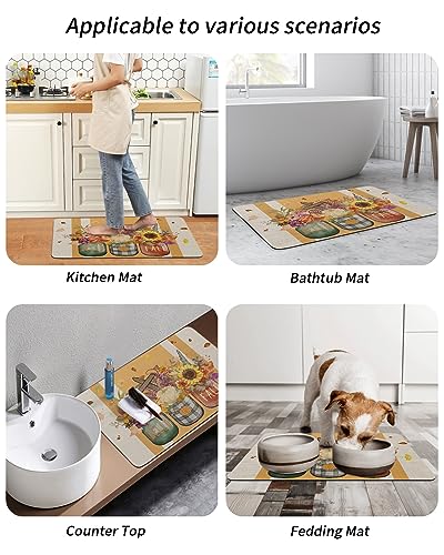 Bath Mat for Bathroom Non Slip Thanksgiving Fall Sunflowers Pumpkin Autumn Plants Diatomaceous Earth Bath Mats Highly Absorbent Door Mat Diatom Mud Washable Bathroom Mat for Tub Shower 18x30 Inch