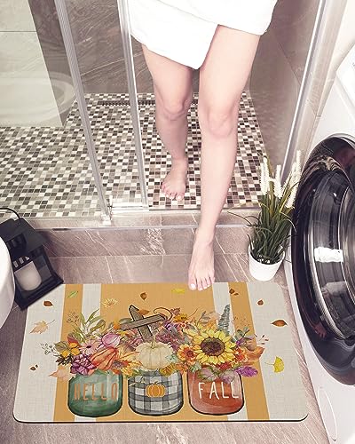 Bath Mat for Bathroom Non Slip Thanksgiving Fall Sunflowers Pumpkin Autumn Plants Diatomaceous Earth Bath Mats Highly Absorbent Door Mat Diatom Mud Washable Bathroom Mat for Tub Shower 18x30 Inch