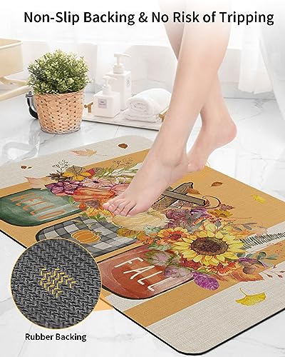 Bath Mat for Bathroom Non Slip Thanksgiving Fall Sunflowers Pumpkin Autumn Plants Diatomaceous Earth Bath Mats Highly Absorbent Door Mat Diatom Mud Washable Bathroom Mat for Tub Shower 18x30 Inch