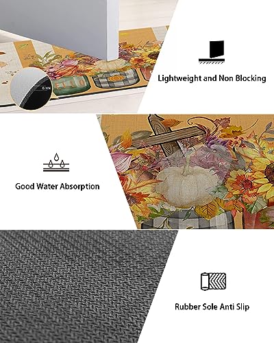 Bath Mat for Bathroom Non Slip Thanksgiving Fall Sunflowers Pumpkin Autumn Plants Diatomaceous Earth Bath Mats Highly Absorbent Door Mat Diatom Mud Washable Bathroom Mat for Tub Shower 18x30 Inch