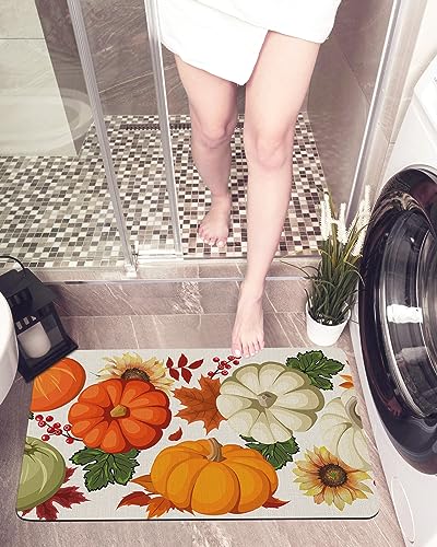 Bath Mat for Bathroom Non Slip Thanksgiving Pumpkin Sunflower Maple Leaves Autumn Diatomaceous Earth Bath Mats Highly Absorbent Door Mat Diatom Mud Washable Bathroom Mat for Tub Shower 18x30 Inch