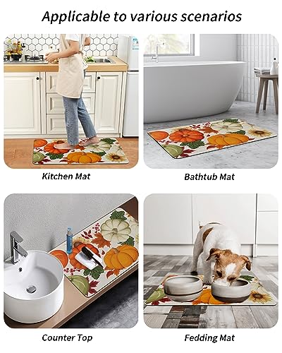 Bath Mat for Bathroom Non Slip Thanksgiving Pumpkin Sunflower Maple Leaves Autumn Diatomaceous Earth Bath Mats Highly Absorbent Door Mat Diatom Mud Washable Bathroom Mat for Tub Shower 18x30 Inch