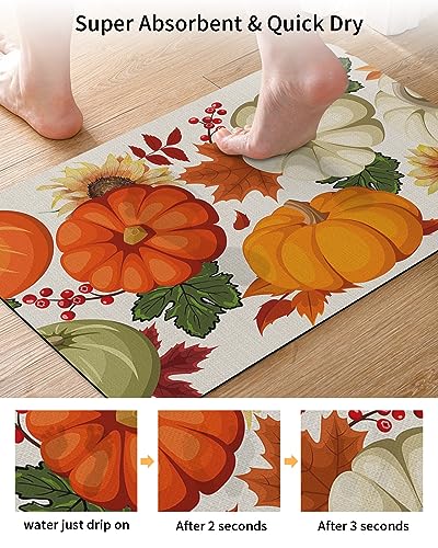 Bath Mat for Bathroom Non Slip Thanksgiving Pumpkin Sunflower Maple Leaves Autumn Diatomaceous Earth Bath Mats Highly Absorbent Door Mat Diatom Mud Washable Bathroom Mat for Tub Shower 18x30 Inch