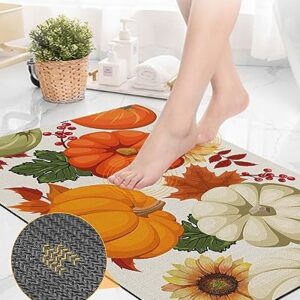 Bath Mat for Bathroom Non Slip Thanksgiving Pumpkin Sunflower Maple Leaves Autumn Diatomaceous Earth Bath Mats Highly Absorbent Door Mat Diatom Mud Washable Bathroom Mat for Tub Shower 18x30 Inch