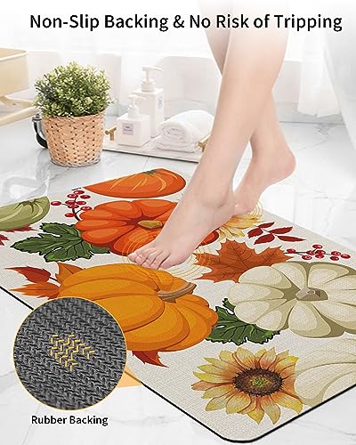 Bath Mat for Bathroom Non Slip Thanksgiving Pumpkin Sunflower Maple Leaves Autumn Diatomaceous Earth Bath Mats Highly Absorbent Door Mat Diatom Mud Washable Bathroom Mat for Tub Shower 18x30 Inch