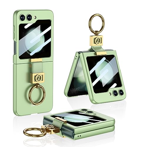 BAILI for Samsung Galaxy Z Flip5 Case with Ring,Galaxy Z Flip5 Cover with Z Ring & HD Small Screen Film,Military Grade All-Inclusive Protection Case with Electroplated Ring Stand for Z Flip 5-Matcha