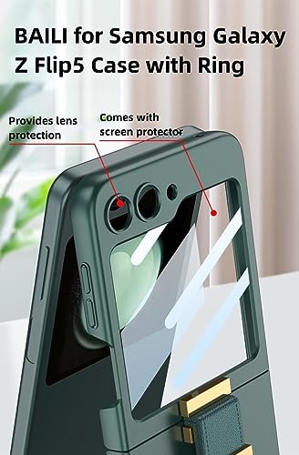 BAILI for Samsung Galaxy Z Flip5 Case with Ring,Galaxy Z Flip5 Cover with Z Ring & HD Small Screen Film,Military Grade All-Inclusive Protection Case with Electroplated Ring Stand for Z Flip 5-Matcha