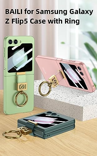 BAILI for Samsung Galaxy Z Flip5 Case with Ring,Galaxy Z Flip5 Cover with Z Ring & HD Small Screen Film,Military Grade All-Inclusive Protection Case with Electroplated Ring Stand for Z Flip 5-Matcha