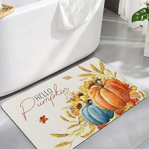 Bathroom Floor Shower Mat, Non-Slip Small Rugs - Easy to Clean, Fall Thanksgiving Pumpkins Sunflowers Wheat Maple Leaves Durable Bath Rug 16"x24" Washable Quick Dry Mats for Bathtubs