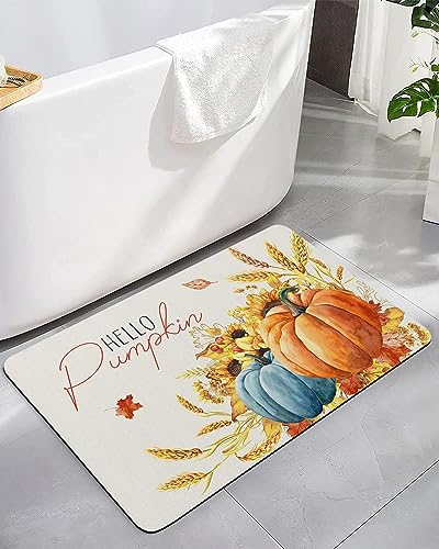 Bathroom Floor Shower Mat, Non-Slip Small Rugs - Easy to Clean, Fall Thanksgiving Pumpkins Sunflowers Wheat Maple Leaves Durable Bath Rug 16"x24" Washable Quick Dry Mats for Bathtubs