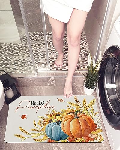 Bathroom Floor Shower Mat, Non-Slip Small Rugs - Easy to Clean, Fall Thanksgiving Pumpkins Sunflowers Wheat Maple Leaves Durable Bath Rug 16"x24" Washable Quick Dry Mats for Bathtubs