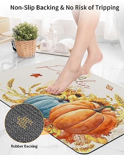 Bathroom Floor Shower Mat, Non-Slip Small Rugs - Easy to Clean, Fall Thanksgiving Pumpkins Sunflowers Wheat Maple Leaves Durable Bath Rug 16"x24" Washable Quick Dry Mats for Bathtubs