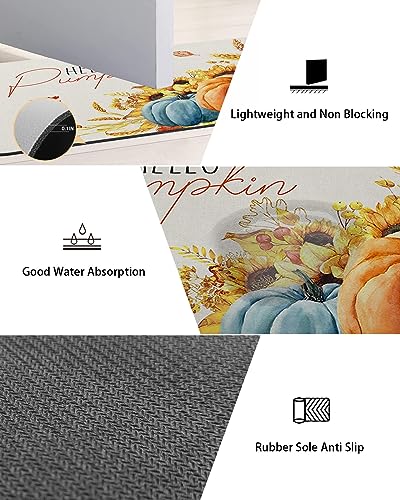 Bathroom Floor Shower Mat, Non-Slip Small Rugs - Easy to Clean, Fall Thanksgiving Pumpkins Sunflowers Wheat Maple Leaves Durable Bath Rug 16"x24" Washable Quick Dry Mats for Bathtubs