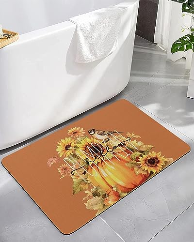 Bathroom Floor Shower Mat, Non-Slip Small Rugs - Easy to Clean, Fall Thanksgiving Pumpkin Sunflower Bird Brown Background Durable Bath Rug 16"x24" Washable Quick Dry Mats for Bathtubs