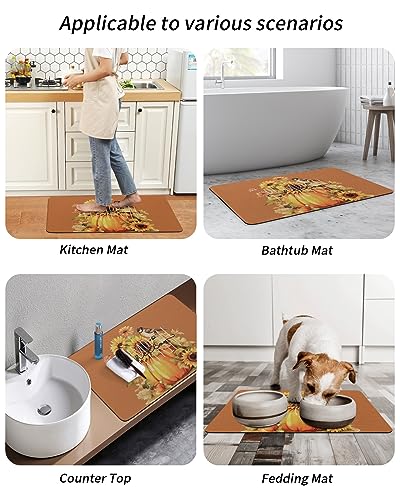 Bathroom Floor Shower Mat, Non-Slip Small Rugs - Easy to Clean, Fall Thanksgiving Pumpkin Sunflower Bird Brown Background Durable Bath Rug 16"x24" Washable Quick Dry Mats for Bathtubs