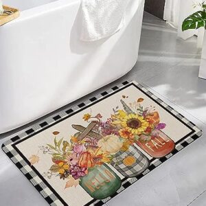 Bathroom Floor Shower Mat, Non-Slip Small Rugs - Easy to Clean, Fall Thanksgiving Sunflower Pumpkin Flower Durable Bath Rug 16"x24" Washable Quick Dry Diatomaceous Earth Mats for Bathtubs