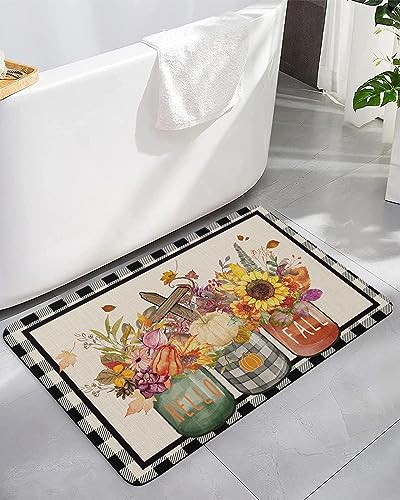 Bathroom Floor Shower Mat, Non-Slip Small Rugs - Easy to Clean, Fall Thanksgiving Sunflower Pumpkin Flower Durable Bath Rug 16"x24" Washable Quick Dry Diatomaceous Earth Mats for Bathtubs