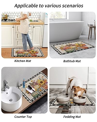 Bathroom Floor Shower Mat, Non-Slip Small Rugs - Easy to Clean, Fall Thanksgiving Sunflower Pumpkin Flower Durable Bath Rug 16"x24" Washable Quick Dry Diatomaceous Earth Mats for Bathtubs