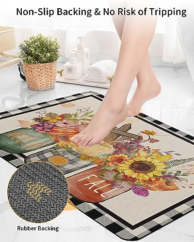 Bathroom Floor Shower Mat, Non-Slip Small Rugs - Easy to Clean, Fall Thanksgiving Sunflower Pumpkin Flower Durable Bath Rug 16"x24" Washable Quick Dry Diatomaceous Earth Mats for Bathtubs