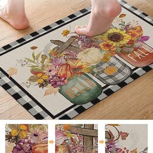 Bathroom Floor Shower Mat, Non-Slip Small Rugs - Easy to Clean, Fall Thanksgiving Sunflower Pumpkin Flower Durable Bath Rug 16"x24" Washable Quick Dry Diatomaceous Earth Mats for Bathtubs