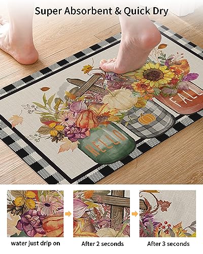 Bathroom Floor Shower Mat, Non-Slip Small Rugs - Easy to Clean, Fall Thanksgiving Sunflower Pumpkin Flower Durable Bath Rug 16"x24" Washable Quick Dry Diatomaceous Earth Mats for Bathtubs