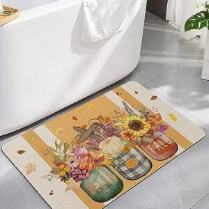 Bathroom Floor Shower Mat, Non-Slip Small Rugs - Easy to Clean, Fall Thanksgiving Sunflower Pumpkin Flower Durable Bath Rug 16"x24" Washable Quick Dry Diatomaceous Earth Mats for Bathtubs