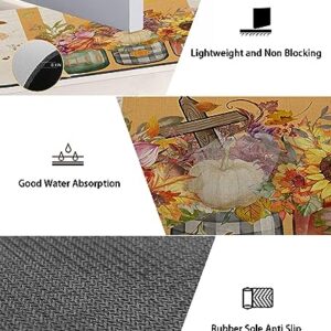 Bathroom Floor Shower Mat, Non-Slip Small Rugs - Easy to Clean, Fall Thanksgiving Sunflower Pumpkin Flower Durable Bath Rug 16"x24" Washable Quick Dry Diatomaceous Earth Mats for Bathtubs