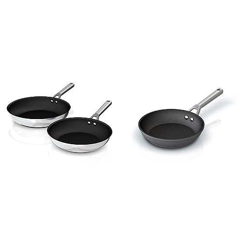 Ninja C62200 Foodi NeverStick Stainless 10.25-Inch & 12-Inch Fry Pan Set, Polished Stainless-Steel Exterior & C30020 Foodi NeverStick Premium 8-Inch Fry Pan, Hard-Anodized, Nonstick