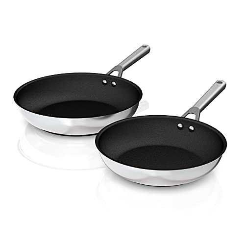 Ninja C62200 Foodi NeverStick Stainless 10.25-Inch & 12-Inch Fry Pan Set, Polished Stainless-Steel Exterior & C30020 Foodi NeverStick Premium 8-Inch Fry Pan, Hard-Anodized, Nonstick