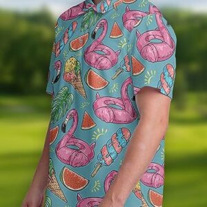 Rhodias Flamingo Shirt Flamingo Golf Shirt Floral Golf Shirts for Men Hawaiian Golf Blue Shirt Pink Ice Cream Watermelon