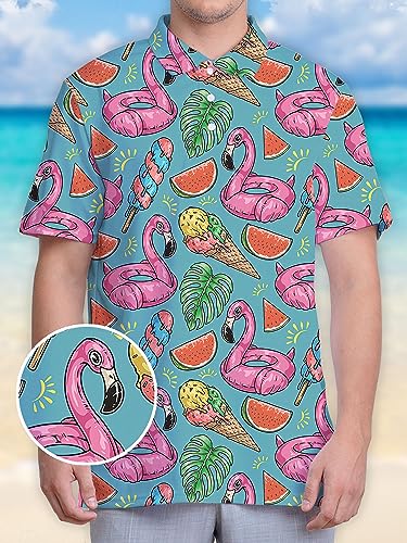 Rhodias Flamingo Shirt Flamingo Golf Shirt Floral Golf Shirts for Men Hawaiian Golf Blue Shirt Pink Ice Cream Watermelon