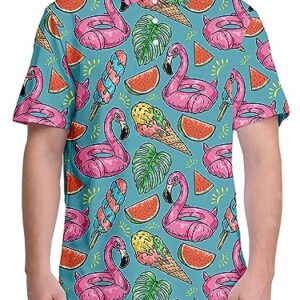 Rhodias Flamingo Shirt Flamingo Golf Shirt Floral Golf Shirts for Men Hawaiian Golf Blue Shirt Pink Ice Cream Watermelon