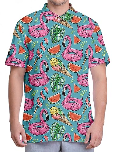 Rhodias Flamingo Shirt Flamingo Golf Shirt Floral Golf Shirts for Men Hawaiian Golf Blue Shirt Pink Ice Cream Watermelon