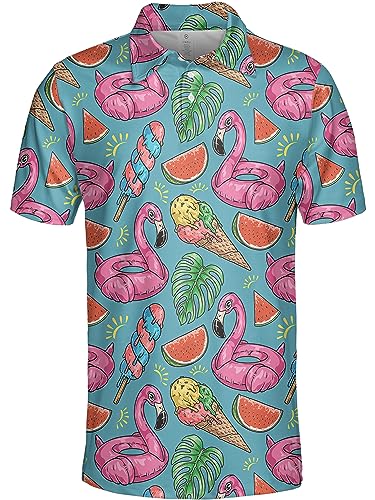 Rhodias Flamingo Shirt Flamingo Golf Shirt Floral Golf Shirts for Men Hawaiian Golf Blue Shirt Pink Ice Cream Watermelon