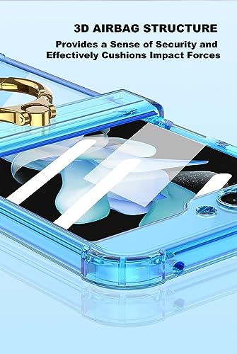 TECHY for Samsung Z Flip 5 Case with Hinge Protection, Galaxy Z Flip 5 Clear Airbag Case with Ring Stand Built-in Screen Protector Protective Cover for Samsung Galaxy Z Flip 5, Clear Blue